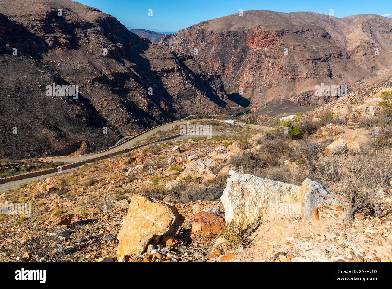 Summit of the Swartberg Pass looking down at the road, Western Cape ...