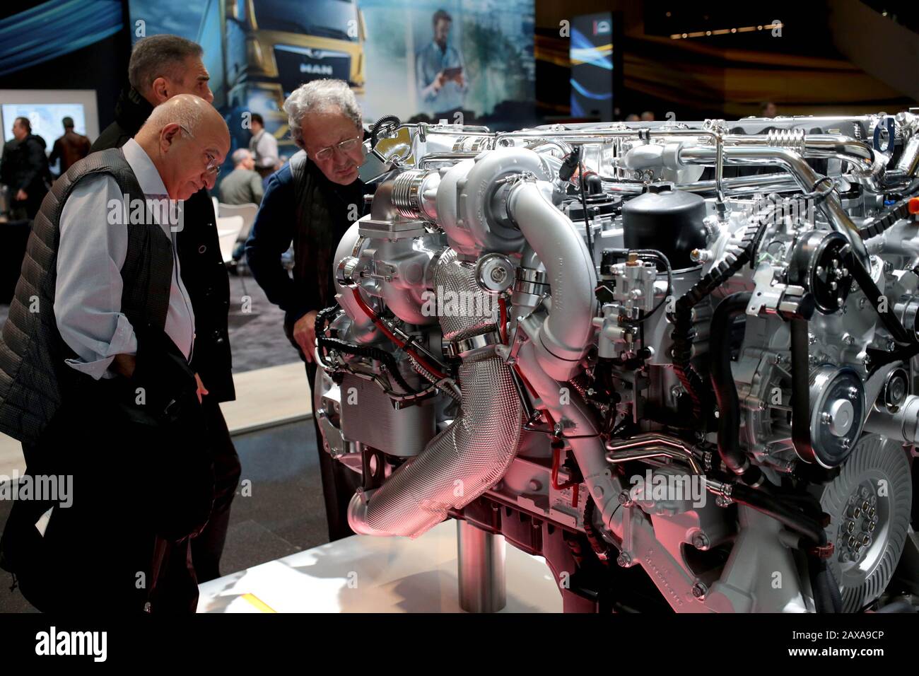 11 February 2020, Spain, Bilbao: Visitors view the engine of a newly ...