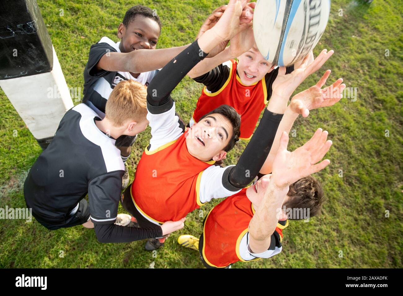 Thirteen year old boys playing rugby at a secondary school, UK Stock ...