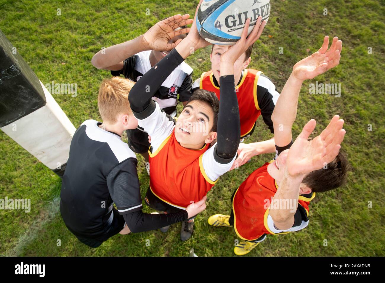 Thirteen year old boys playing rugby at a secondary school, UK Stock ...
