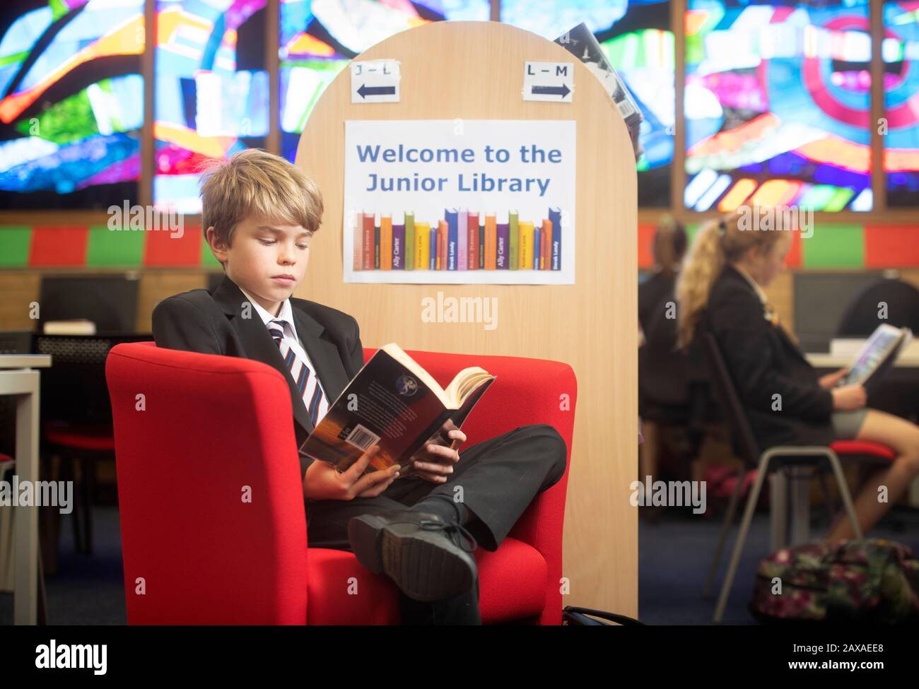 A junior boy reading in the library at a secondary school, UK Stock ...