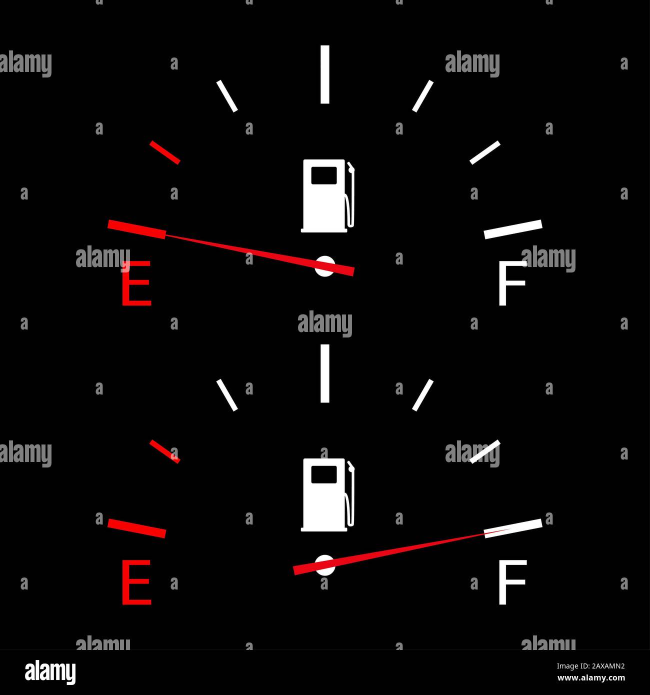 Fuel indicator empty and full gauge on black background. Panel in ...