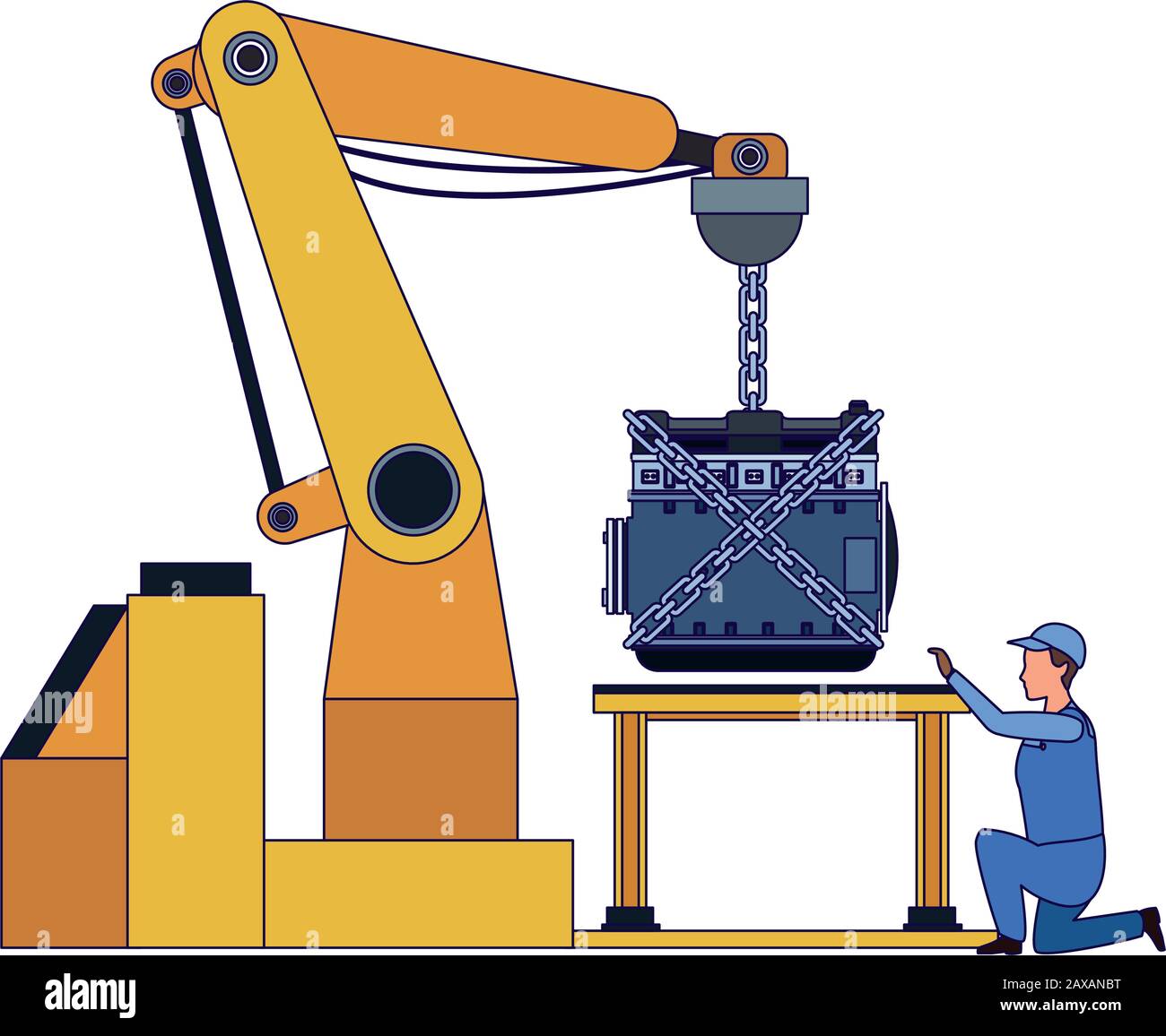 industrial arm holding a car engine and mechanic supervising Stock ...