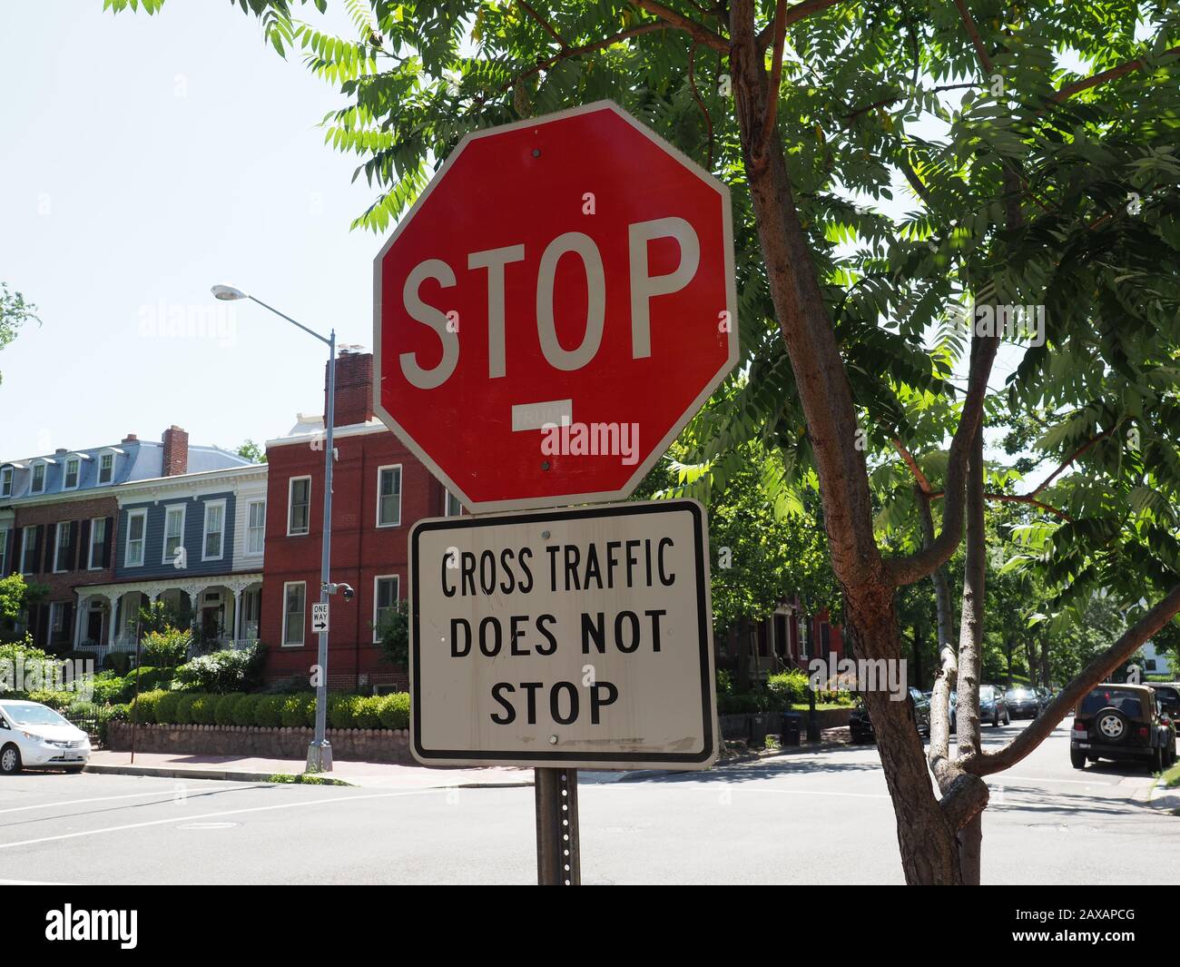 Washington D.C., USA - June 3, 2019: A stop sign near an intersection ...