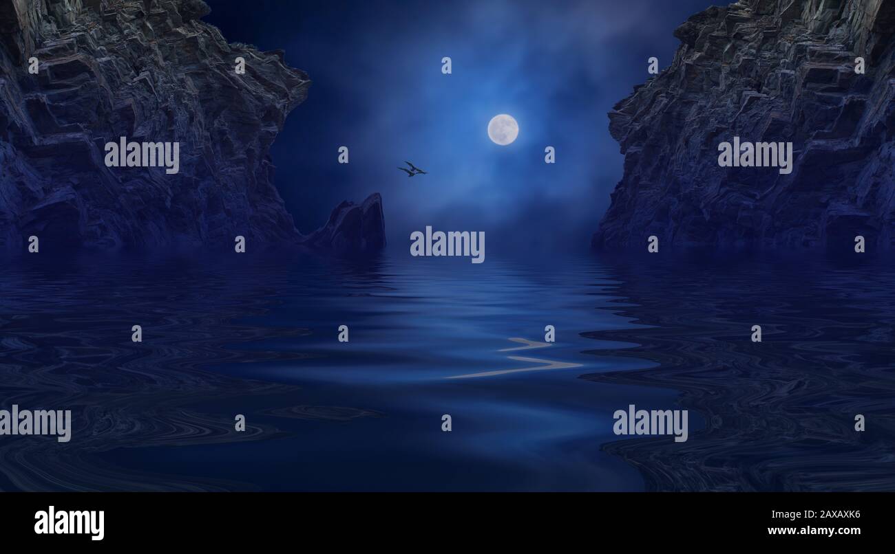 moonlight night landscape clouds reflection in water. Sea landscape ...