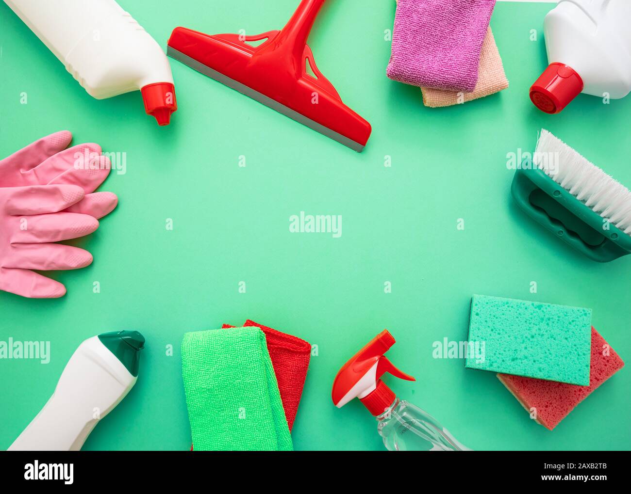 Household cleaning background. Cleaning products flat lay, chemical ...