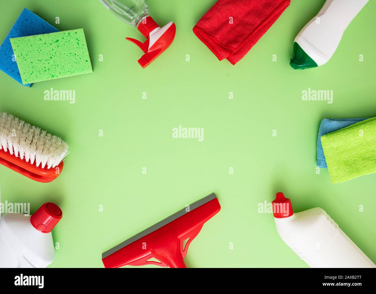 Household cleaning background. Cleaning products flat lay, chemical ...