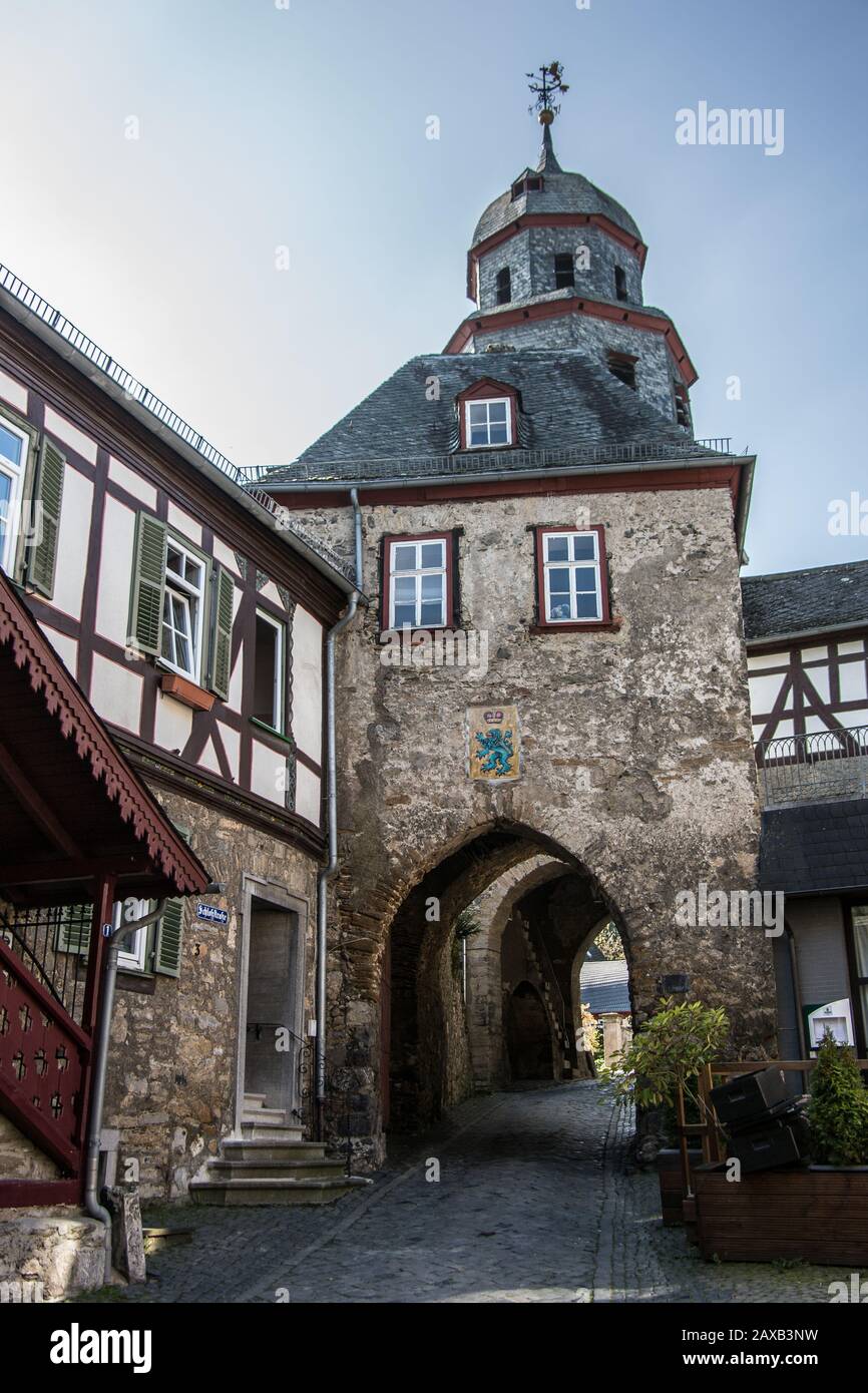 Half-timbered houses under the castle Stock Photo - Alamy