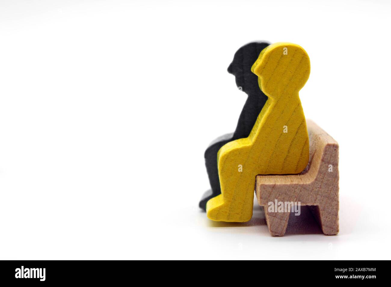 Two men figures sitting on a bench, concept, isolated on a white ...