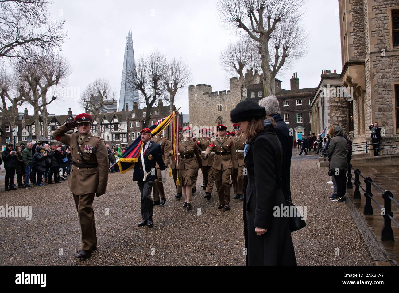 9 February 2020, Military police march past at the tower of London ...