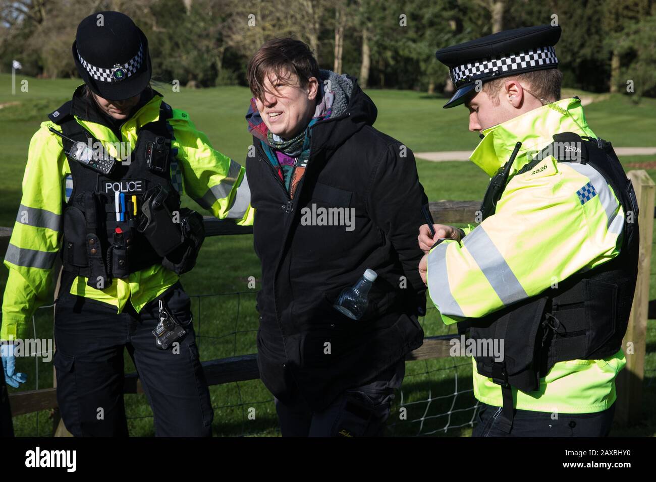 Denham, UK. 11 February, 2020. Thames Valley Police officers arrest an ...