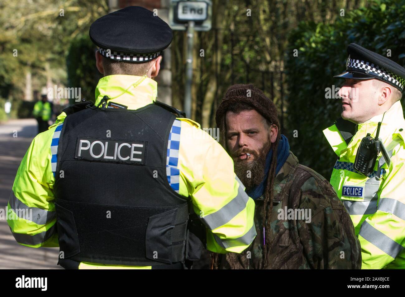 Denham, UK. 11 February, 2020. Thames Valley Police officers arrest an ...