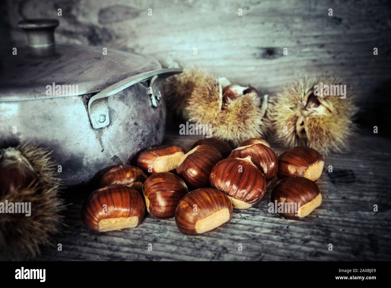 chestnuts with copper pot - close up Stock Photo - Alamy