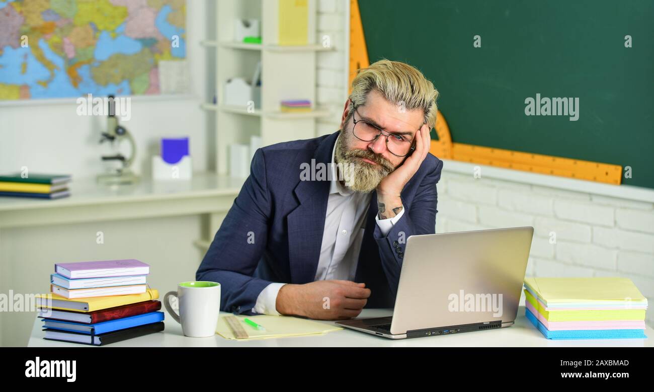 Not today. Senior professor rest at desk. Tired mature man. Senior man ...