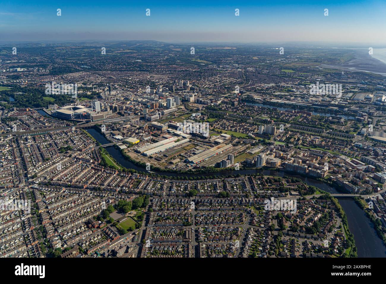An aerial view of Wales’ Principality Stadium and Cardiff City Centre ...