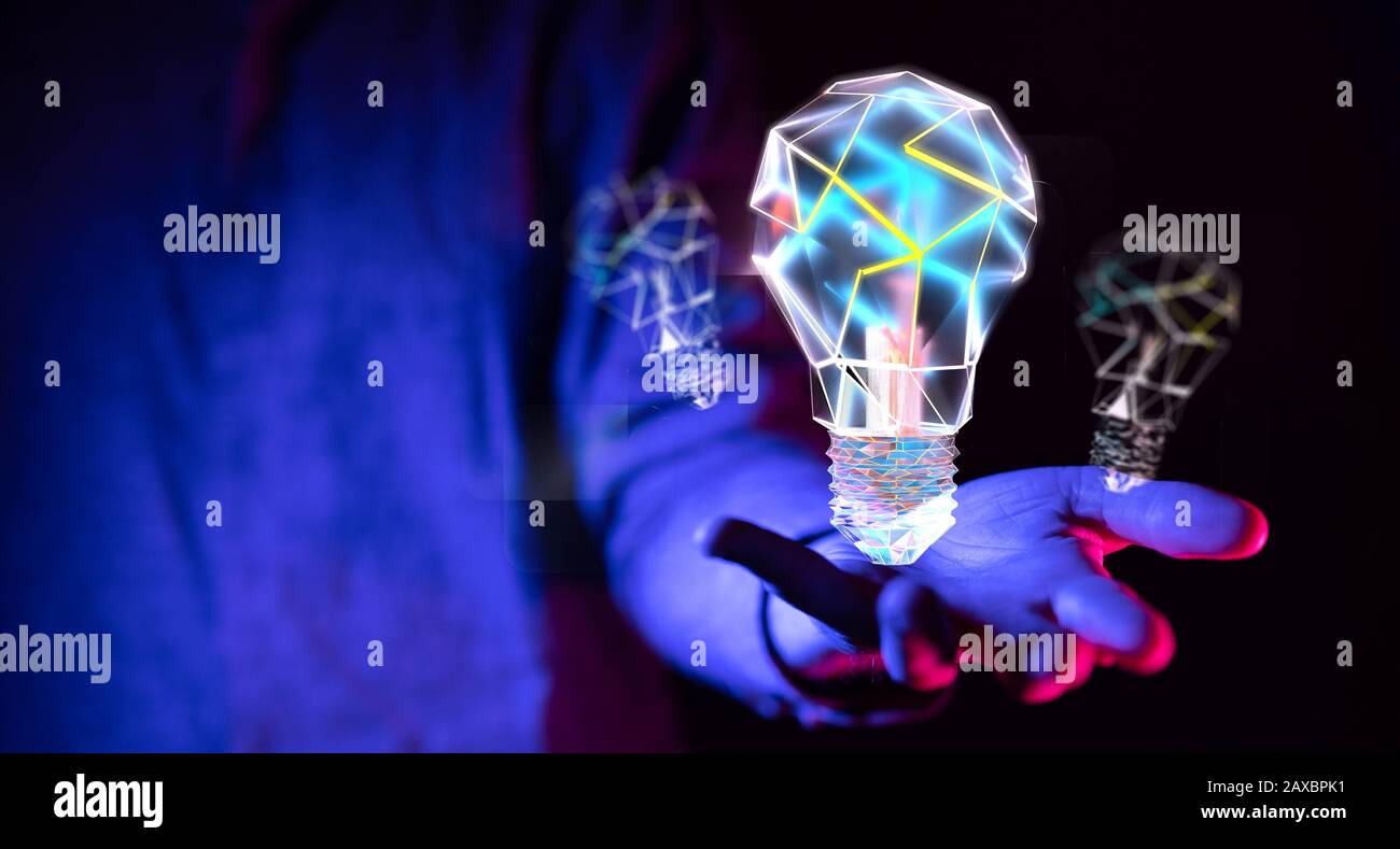 Person presenting a virtual projection of creative idea lamps ...