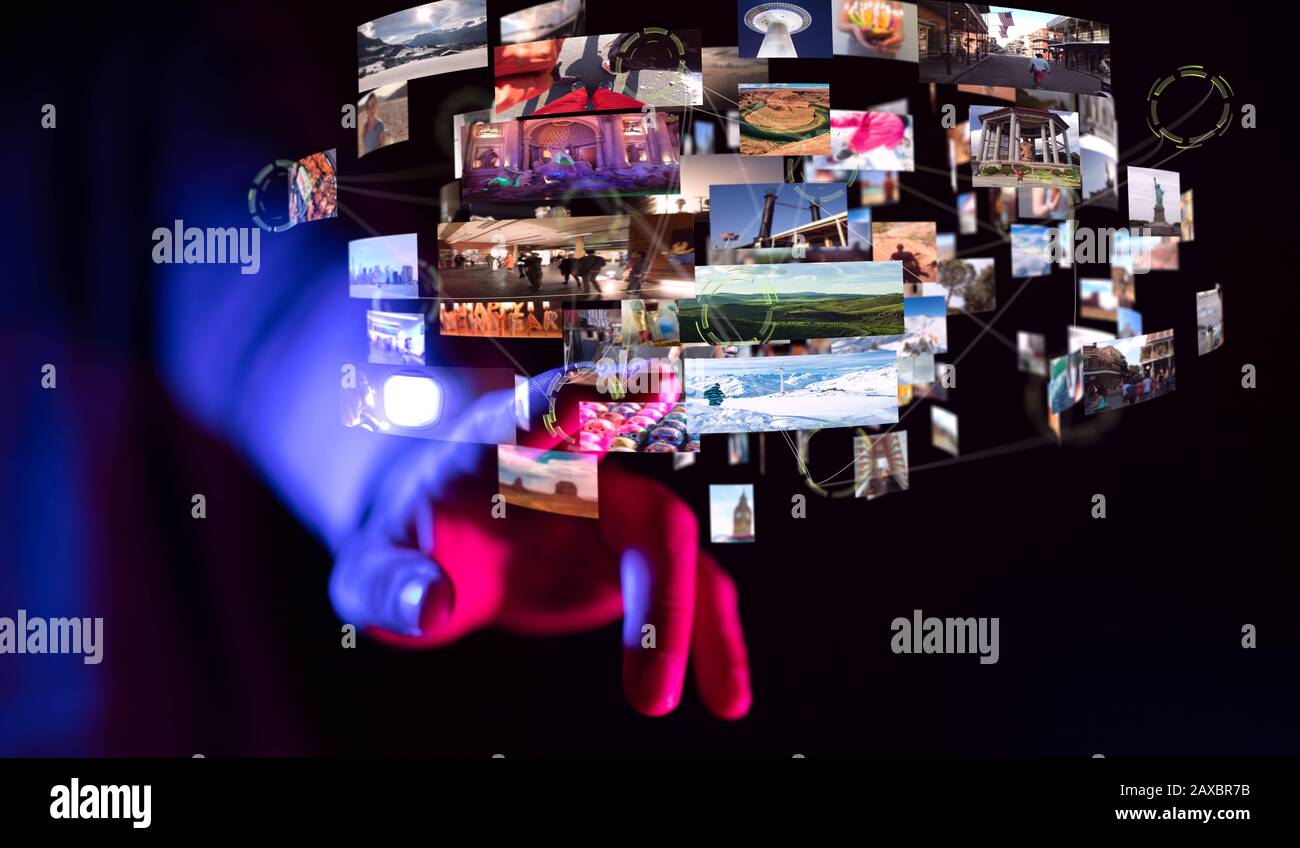 Businessman creating a visual projection of multimedia streaming ...