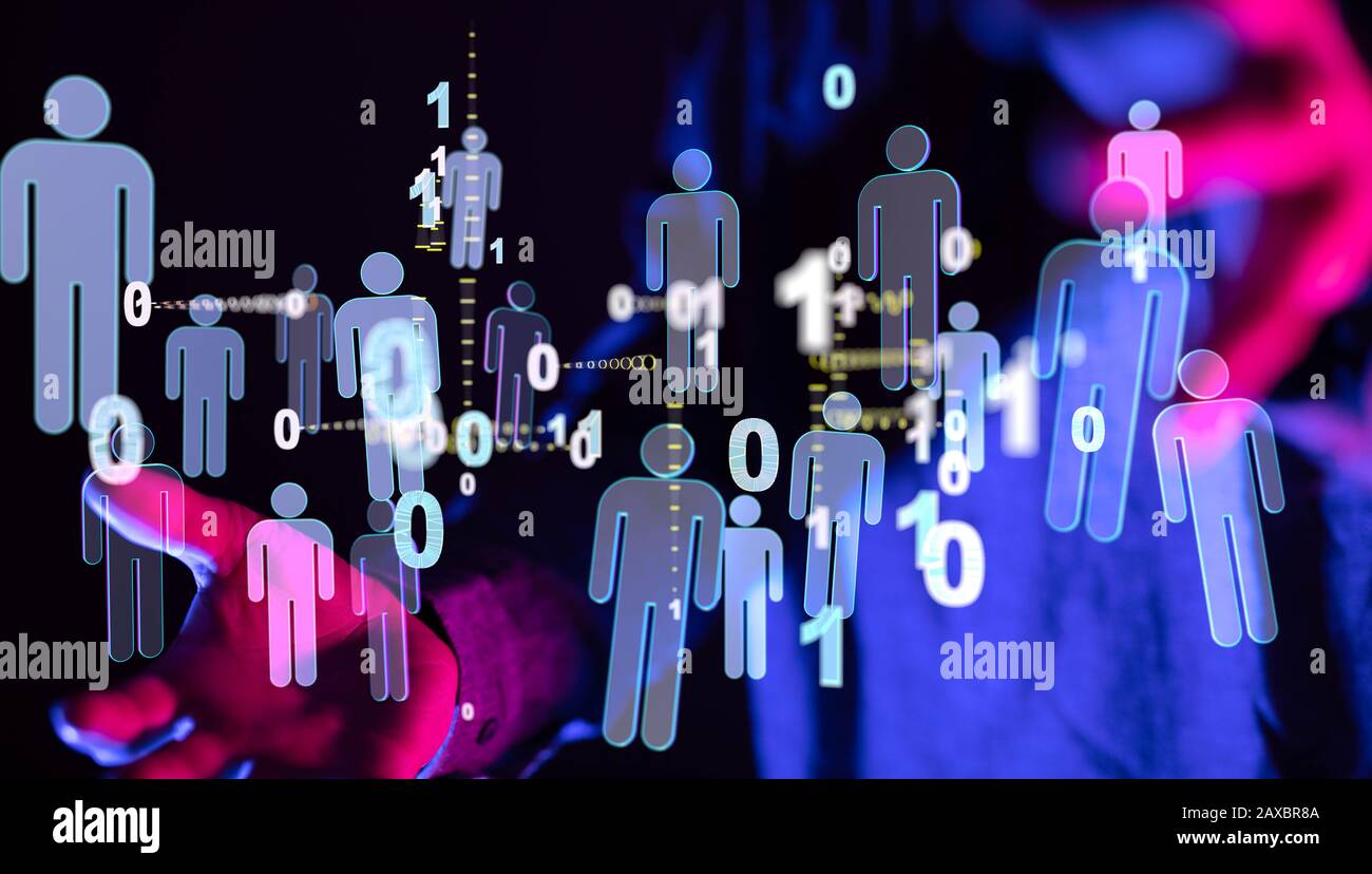 Person with showing a network group structure in a dark room Stock ...