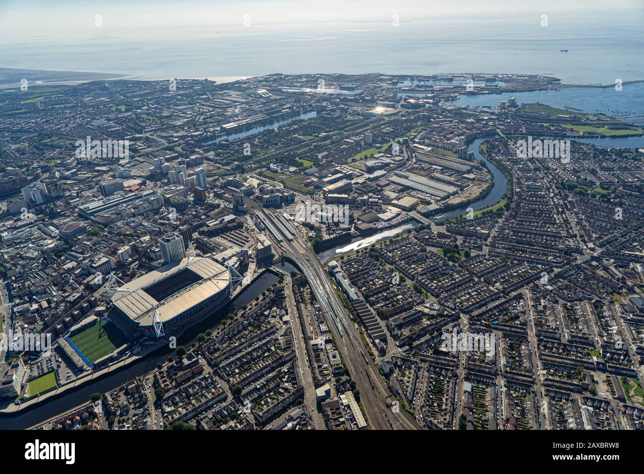 An aerial view of Wales’ Principality Stadium and Cardiff City Centre ...