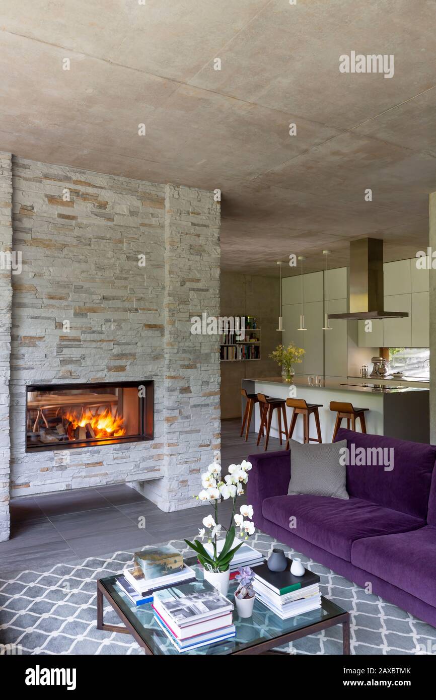 Modern living room with cozy fireplace Stock Photo - Alamy
