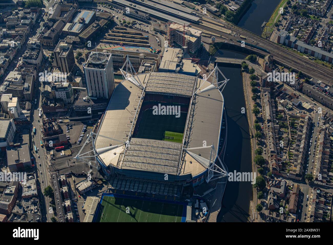 An aerial view of Wales’ Principality Stadium and Cardiff City Centre ...