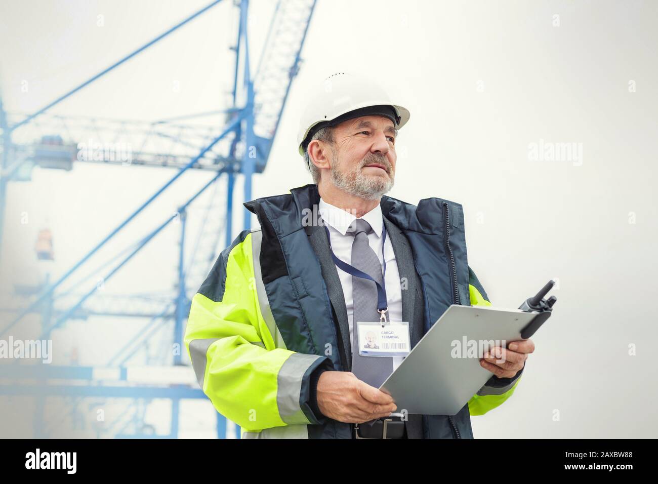 Dock manager with clipboard at shipyard Stock Photo - Alamy