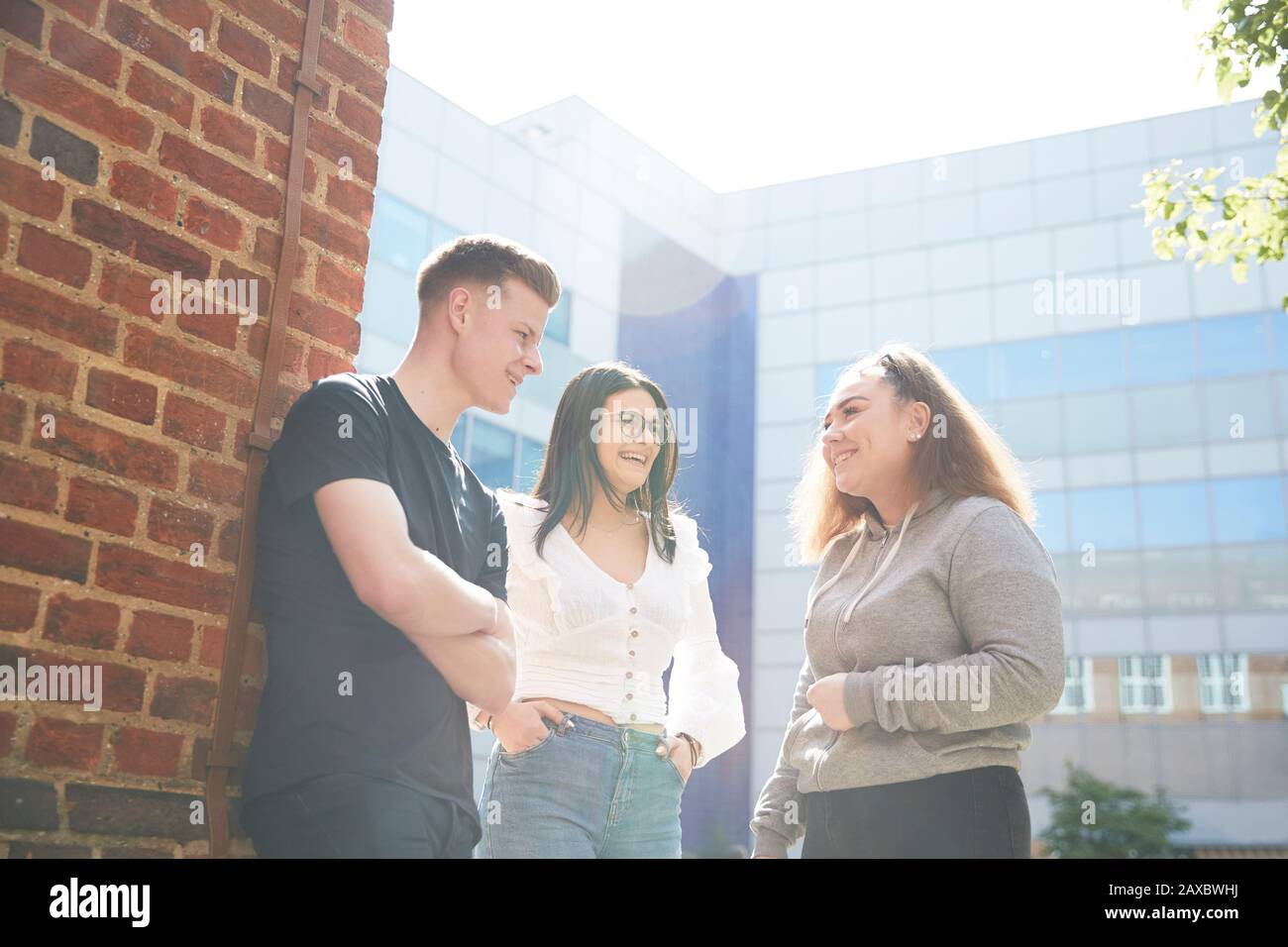 College students talking outside sunny building Stock Photo - Alamy