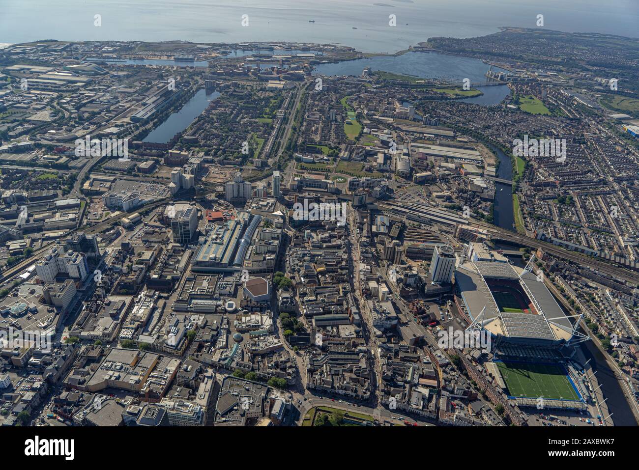 An aerial view of Wales’ Principality Stadium and Cardiff City Centre ...