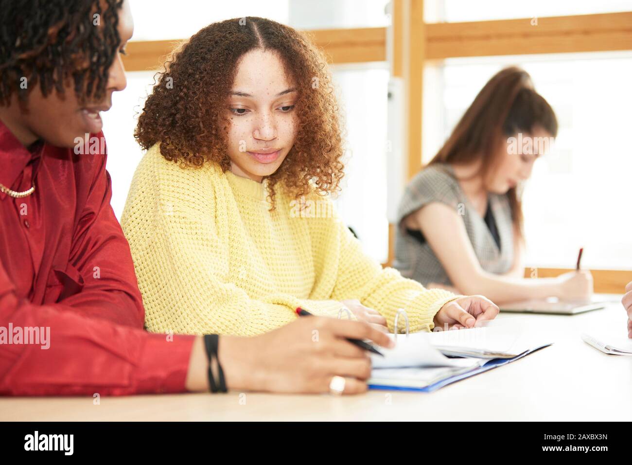 Focused college students studying together in classroom Stock Photo - Alamy