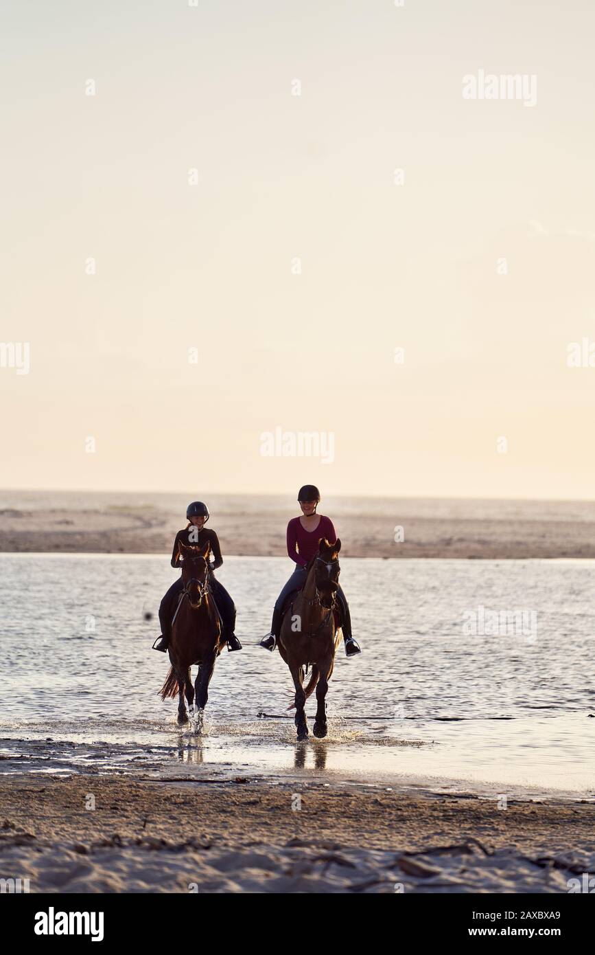 Young women horseback riding in ocean surf Stock Photo - Alamy