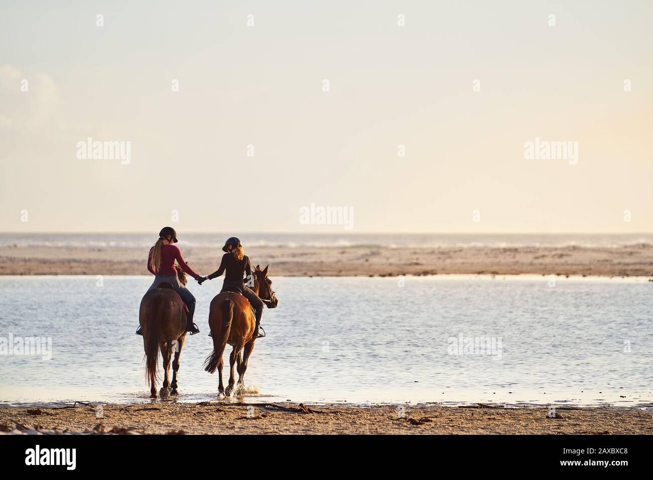 Young women horseback riding in ocean beach surf Stock Photo - Alamy