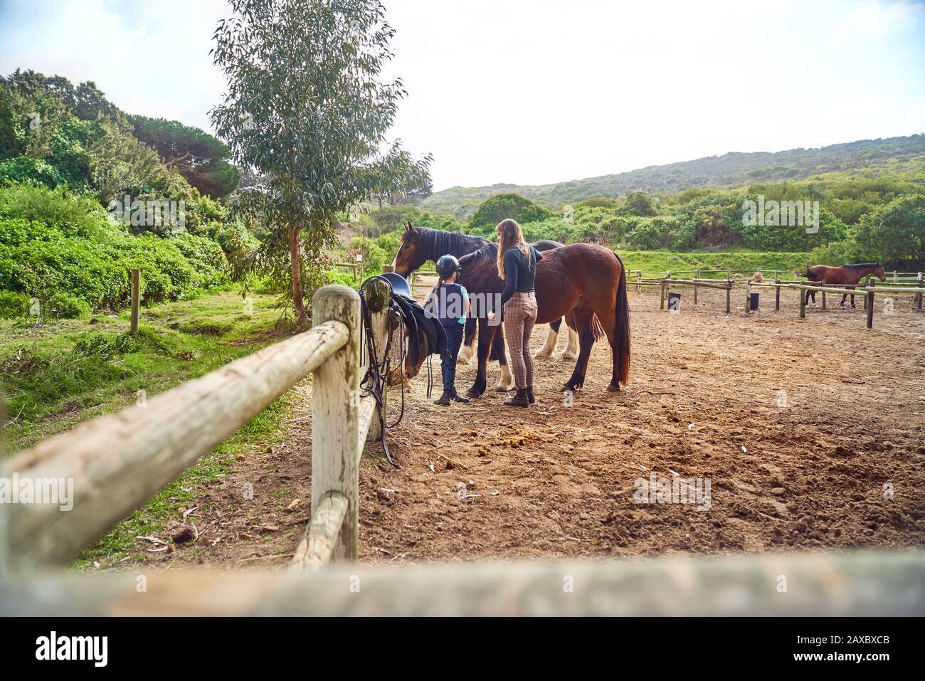 Female instructor teaching horseback riding to girl in rural paddock ...