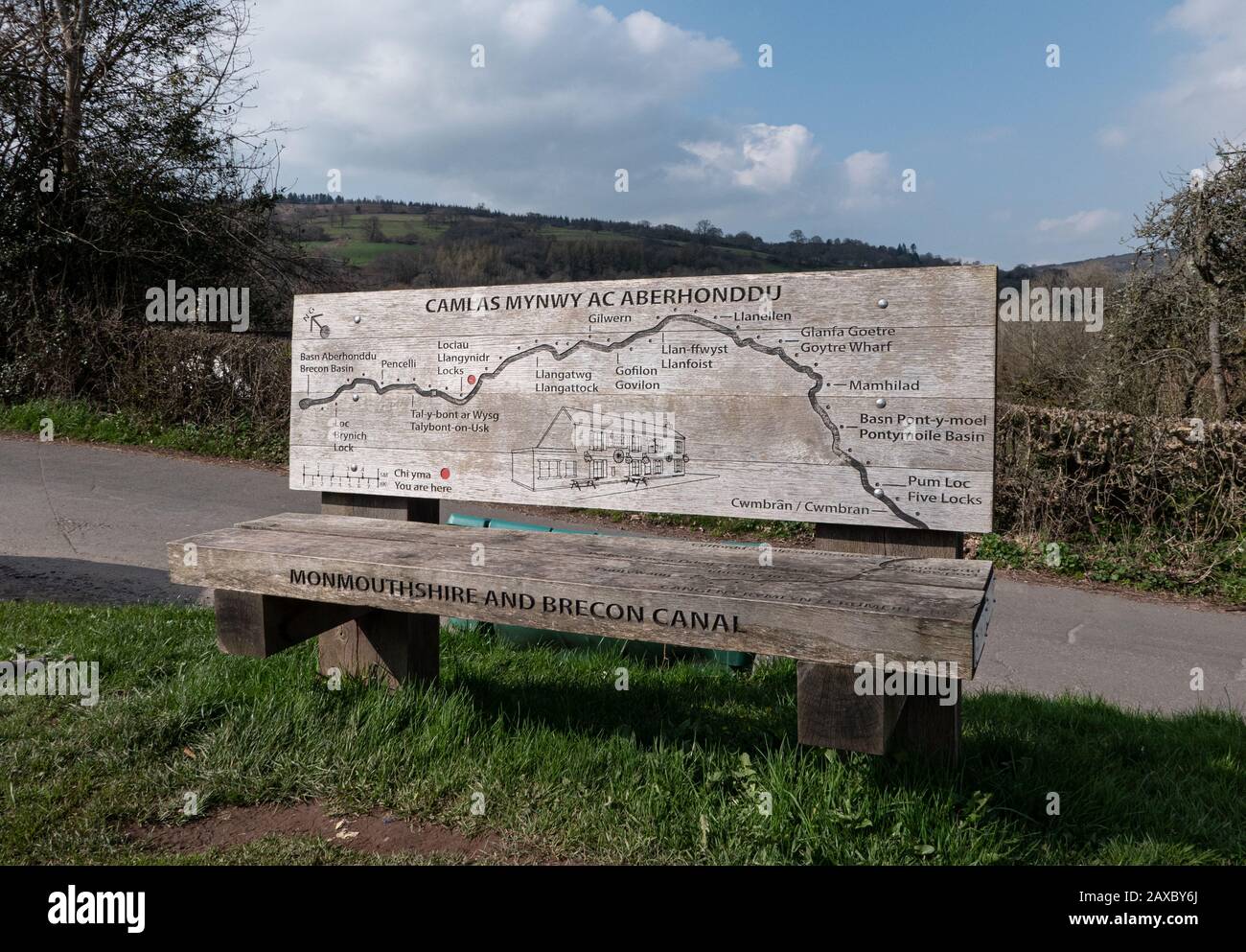 A map of the Monmouth and Brecon Canal engraved on to the backrest of a ...