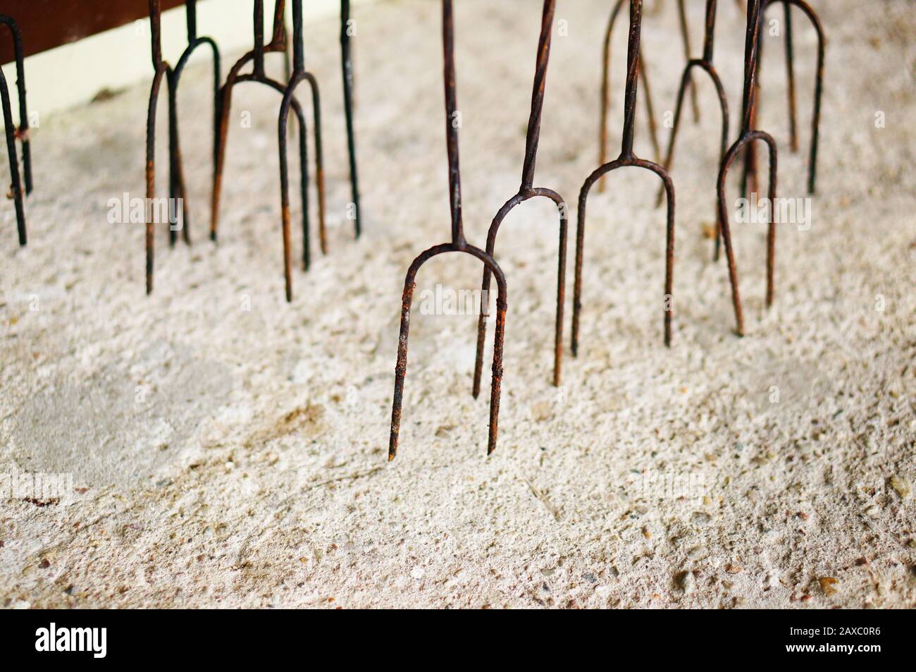 Primitive metal forks stuck on the white ground Stock Photo - Alamy