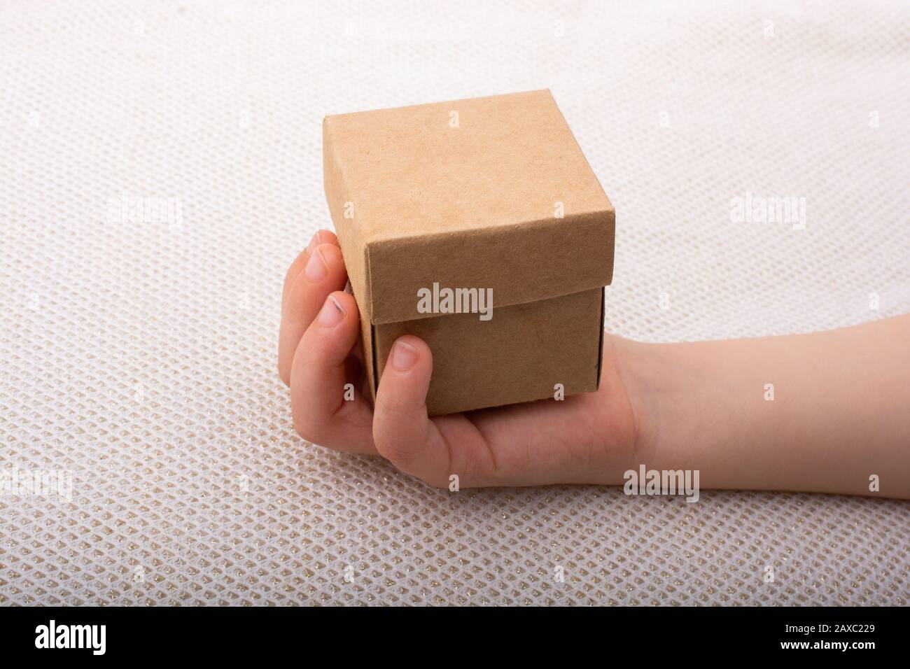 Hand holding a brown cardboard box on white backgrounds Stock Photo - Alamy
