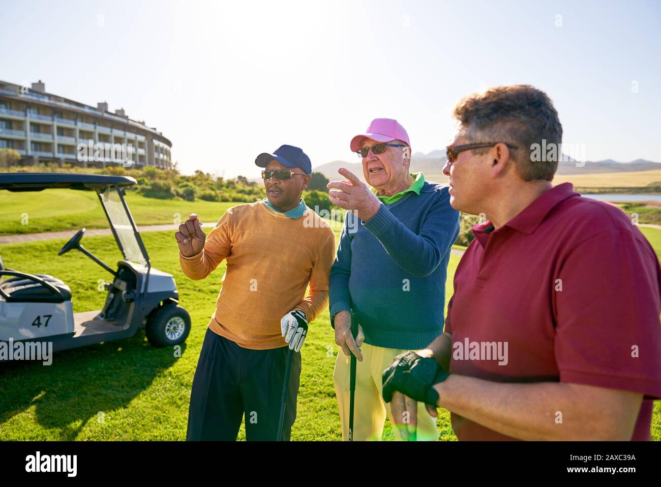 Male golfer friends talking on sunny golf course Stock Photo - Alamy