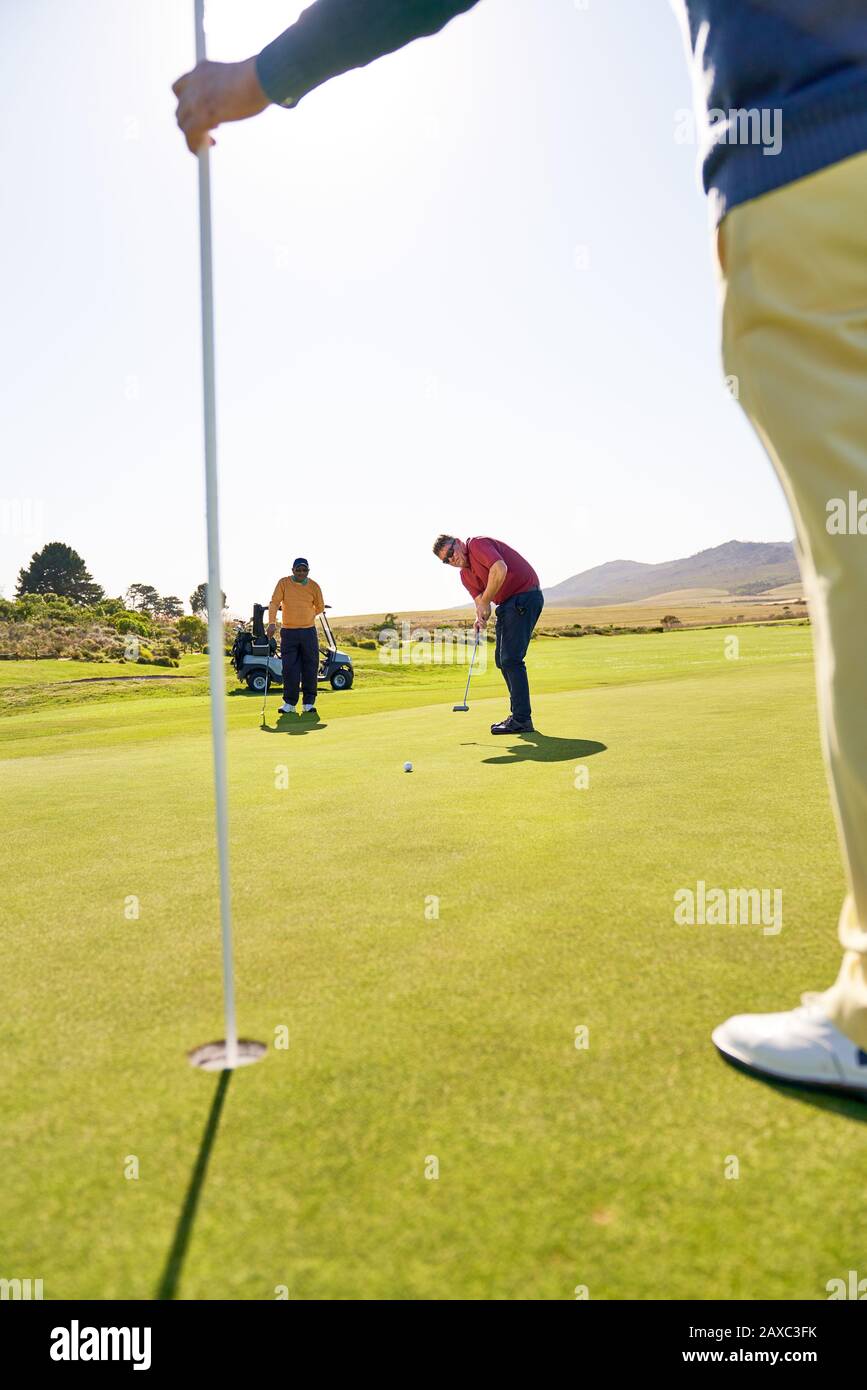 Male golfer putting towards pin and hole on sunny golf course Stock ...