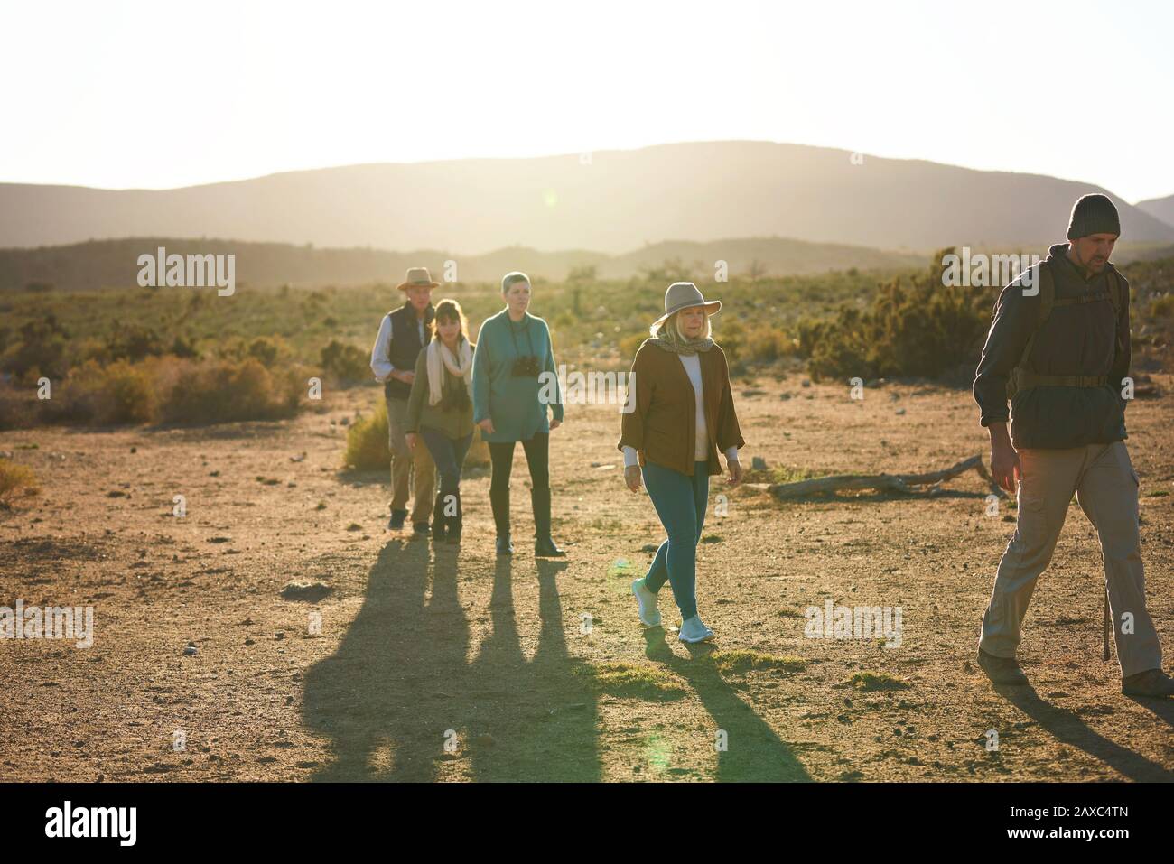 Safari tour guide leading group on sunny wildlife reserve South Africa ...