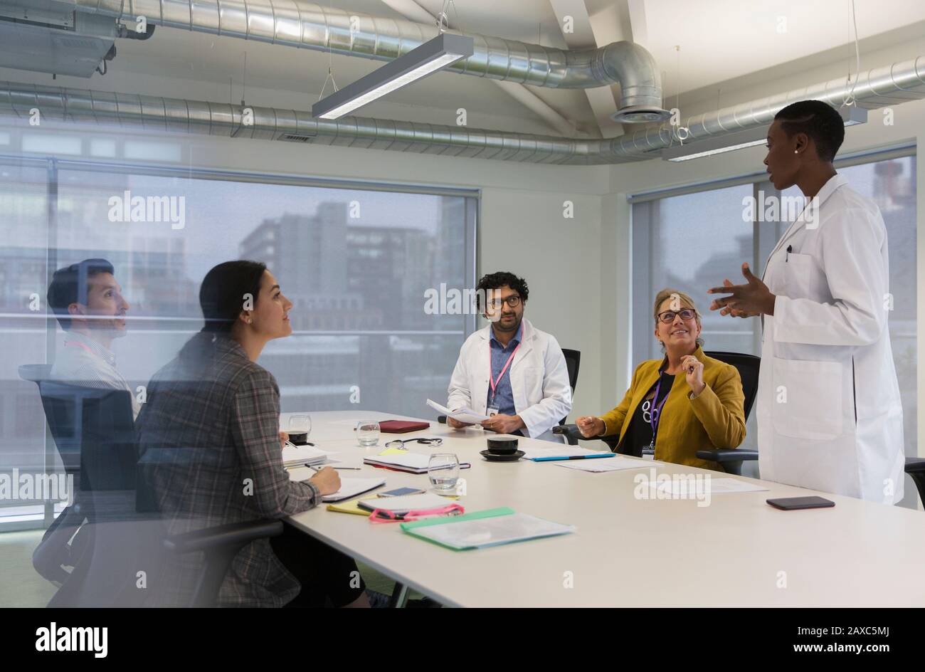Female doctor leading conference room meeting Stock Photo - Alamy