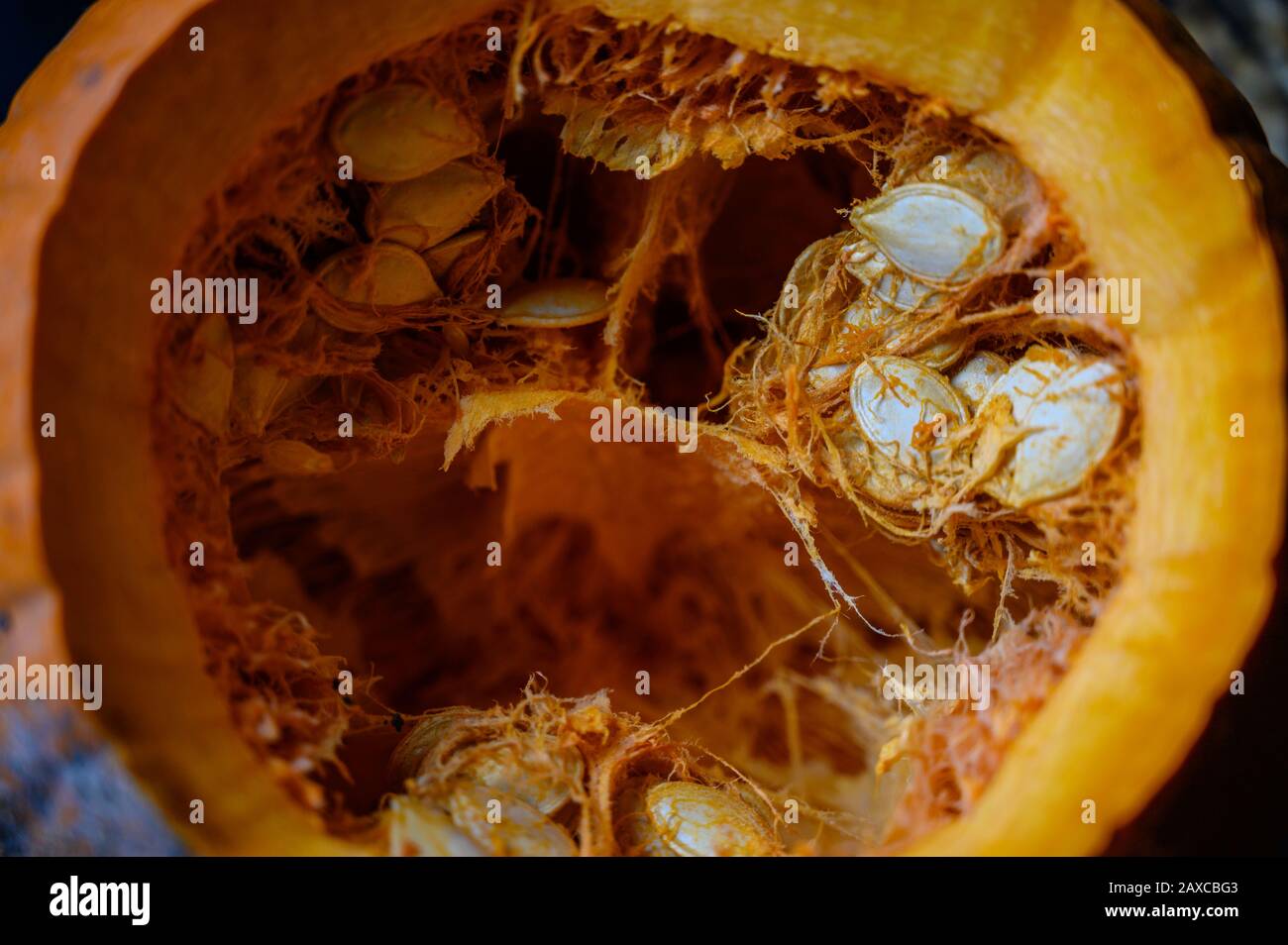 Top view looking into an open pumpkin with seeds Stock Photo - Alamy