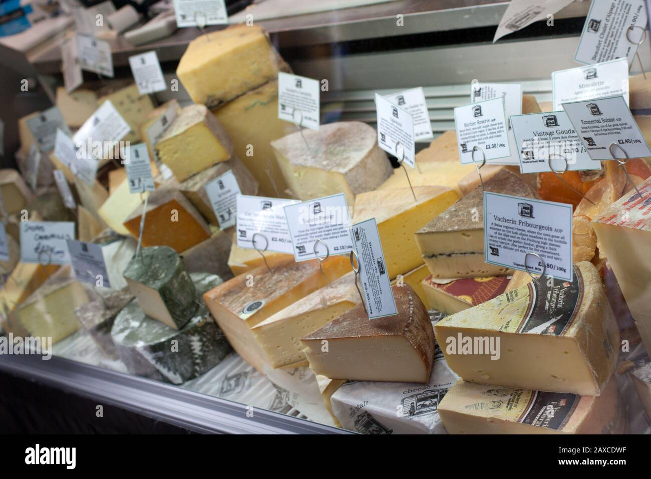 A selection of cheeses on sale at a market in Winchester, UK Stock ...