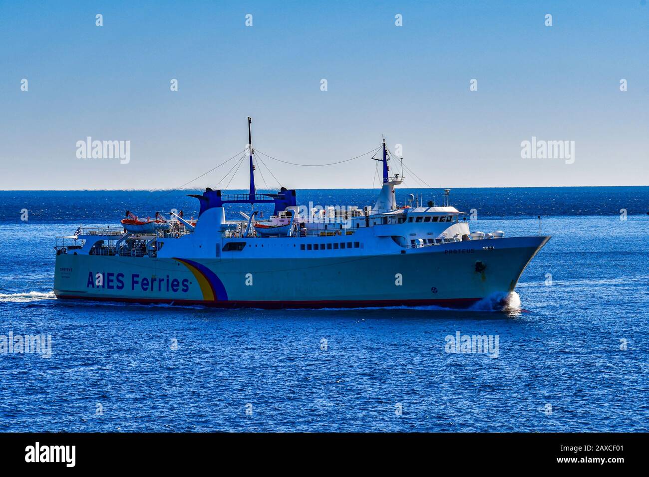 Aerial view of Proteus Ferry boat from Anes company on the route to ...