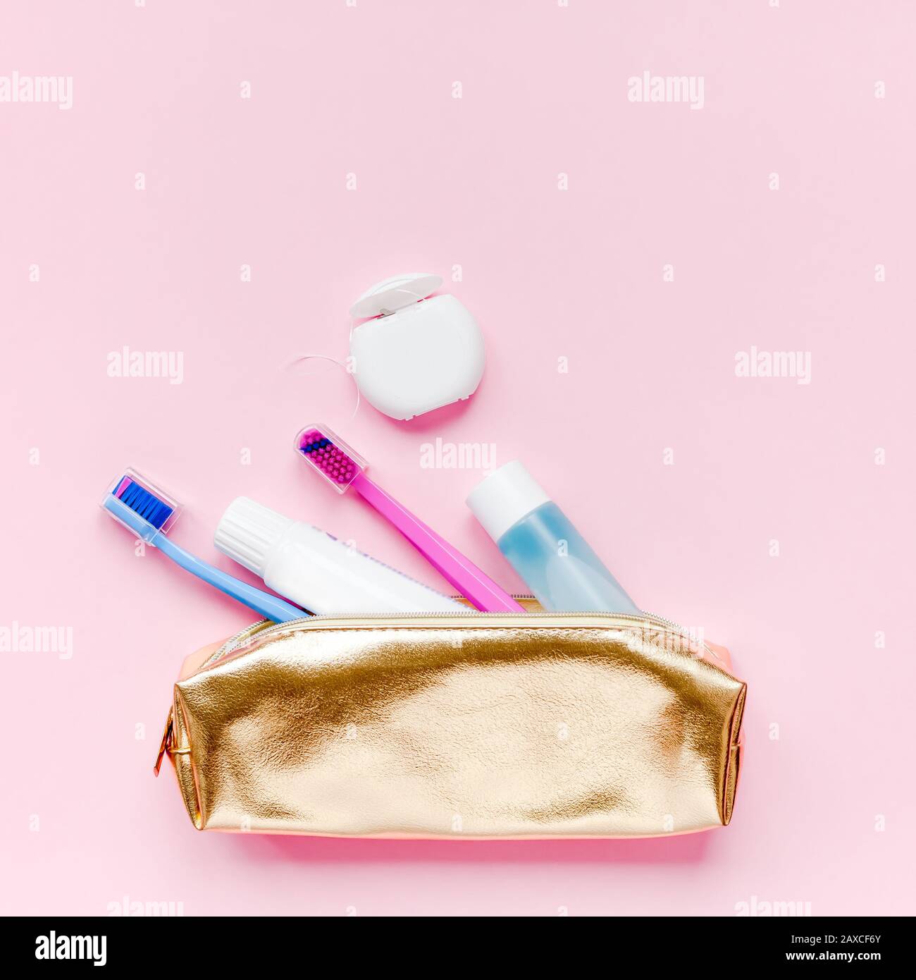 Teeth hygiene and oral dental care products in golden travel cosmetic ...