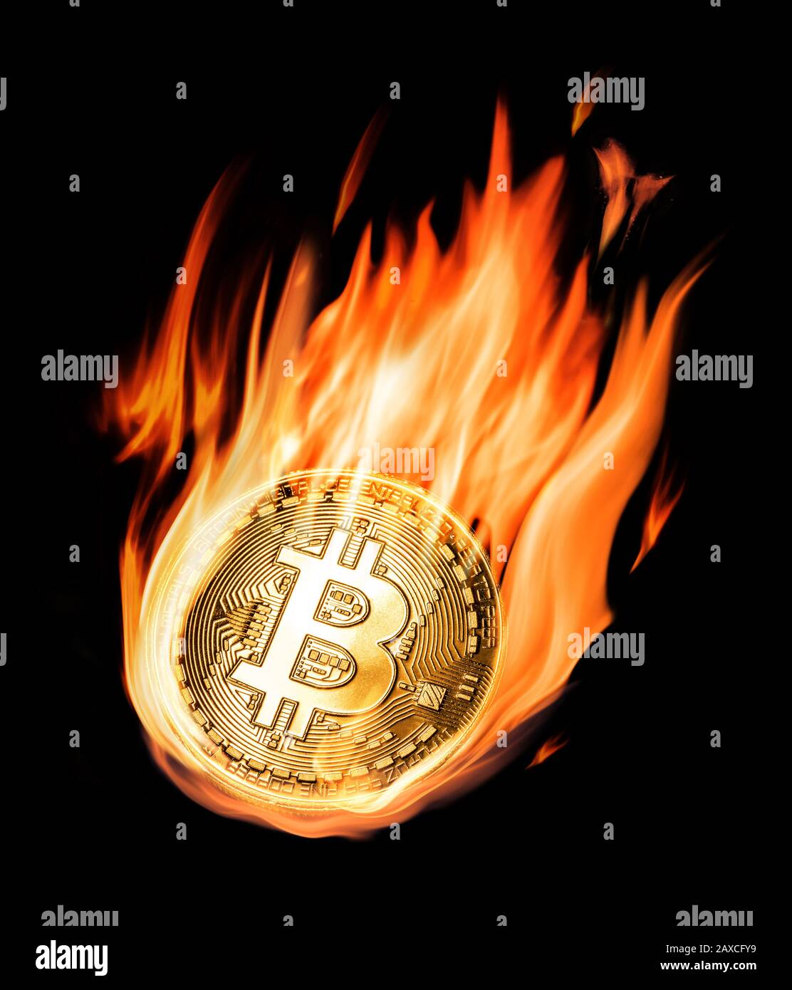 Burning bitcoin in flames on black background. Conceptual picture Stock ...