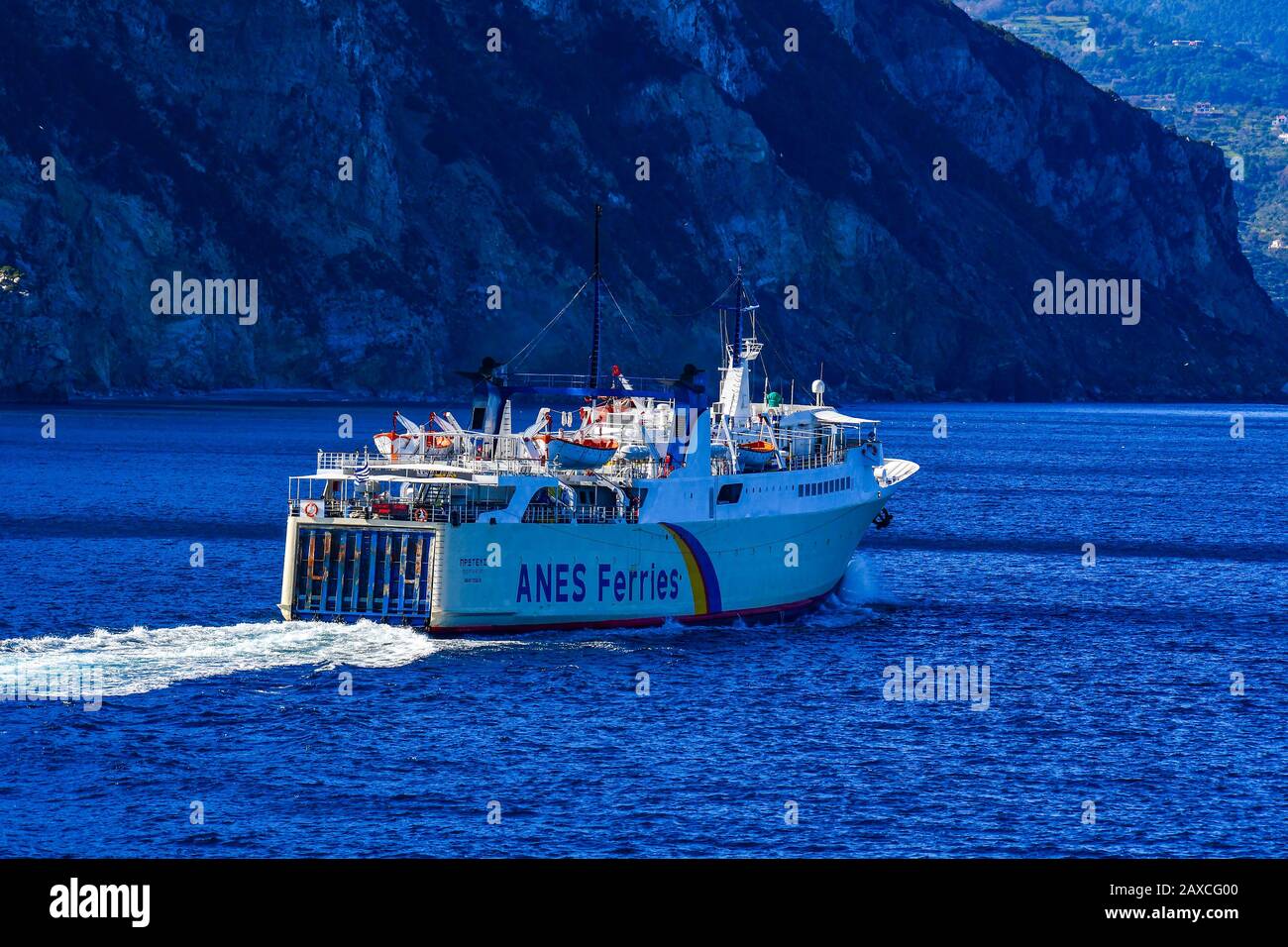 Aerial view of Proteus Ferry boat from Anes company on the route to ...