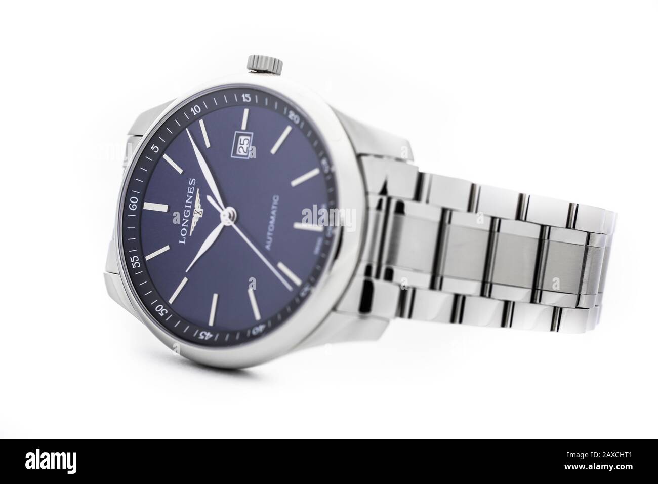 Saint-Imier, Switzerland, 2.02.2020 - Longines silver steel body with ...