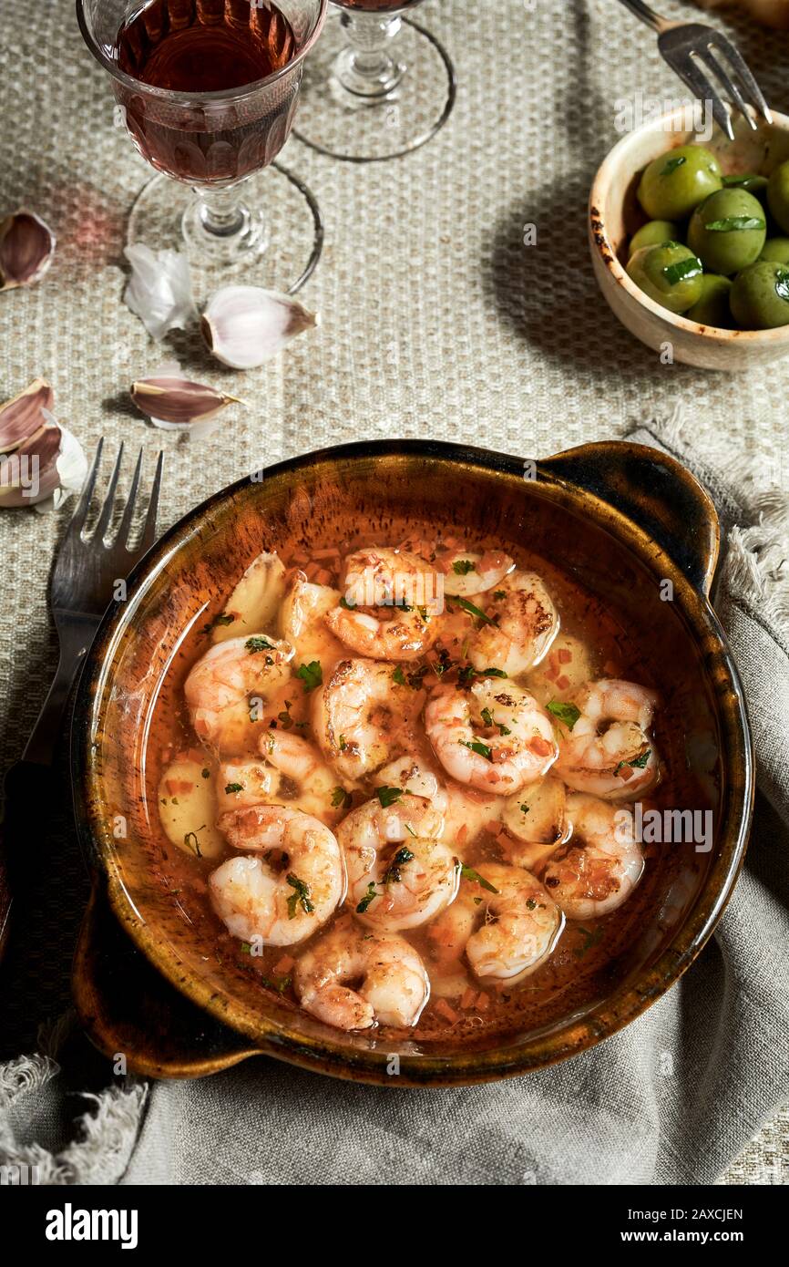 Hot spicy Spanish Gambas piri-piri or scampi peri peri served on a ...