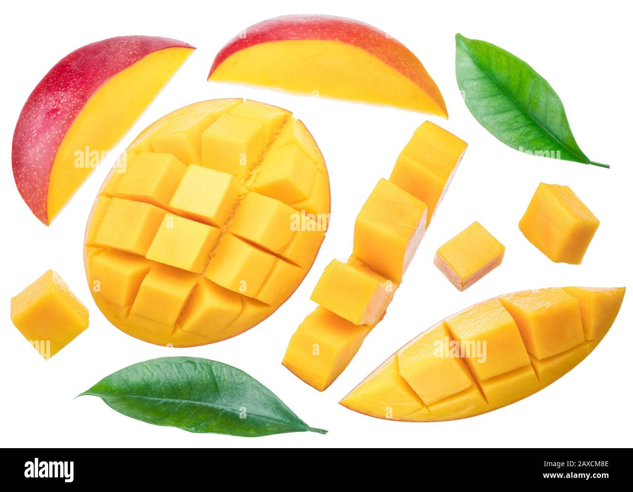 Set of mango slices, mango cubes and leaves. Isolated on a white ...