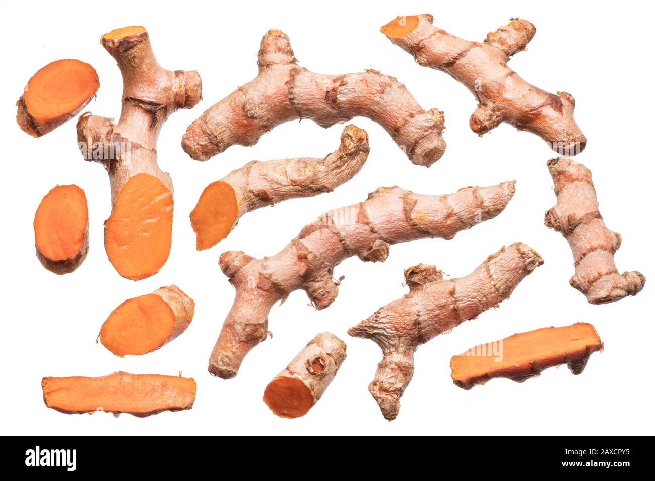 Set of fresh turmeric or curcuma rhizome and slices isolated on white ...