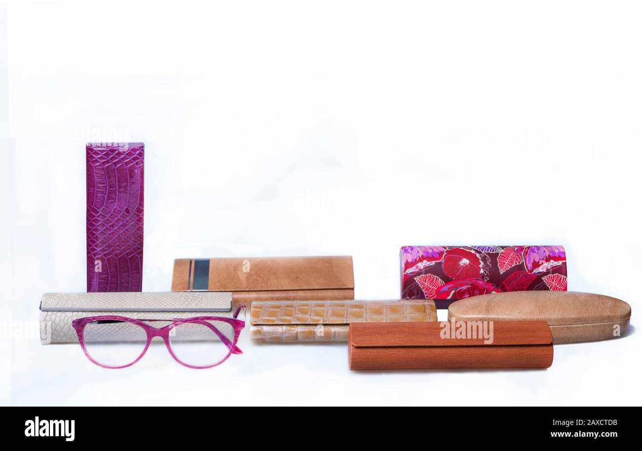 Typical glasses and frames od different colors and shape - on white ...